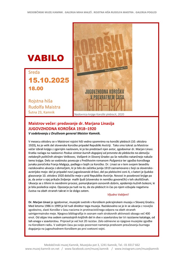 Maistrov večer: dr. Marjan Linasi - Jugovzhodna Koroška 1918–1920 - MM:K